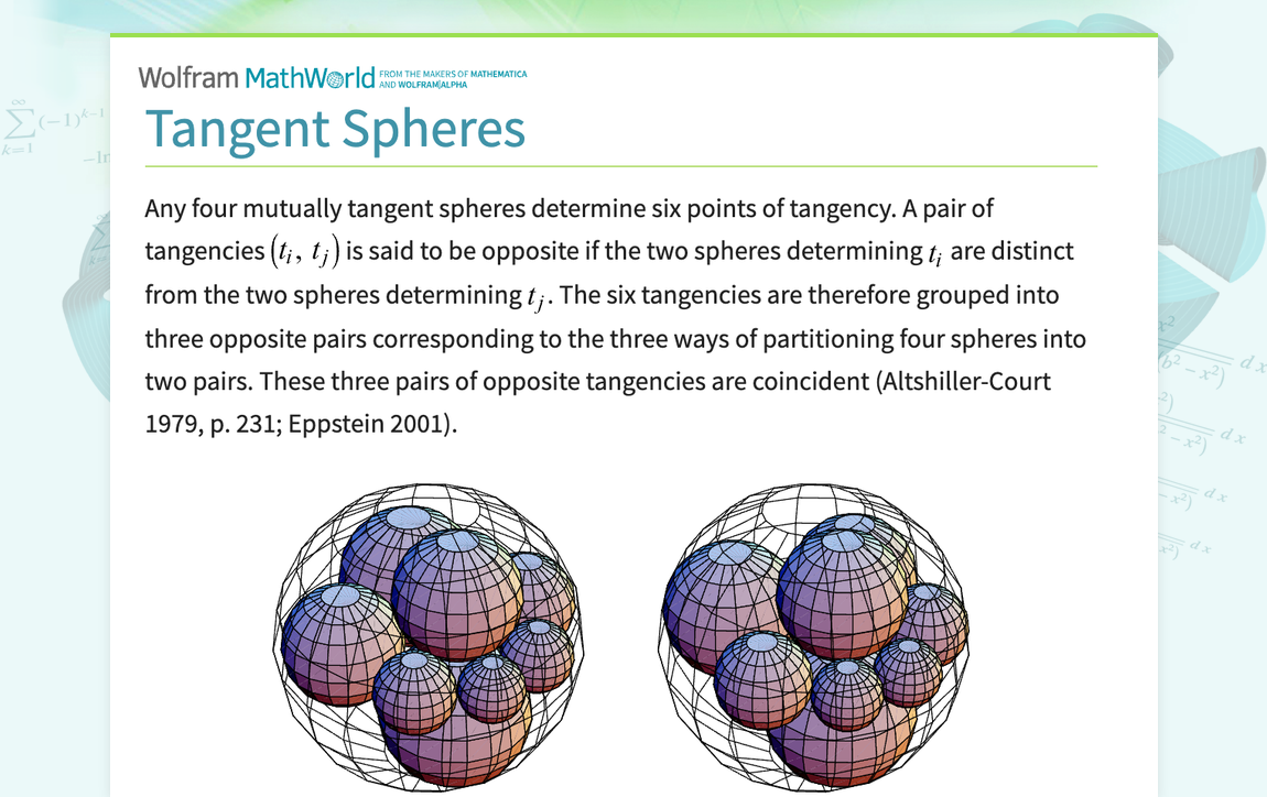 Tangent Spheres -- from Wolfram MathWorld