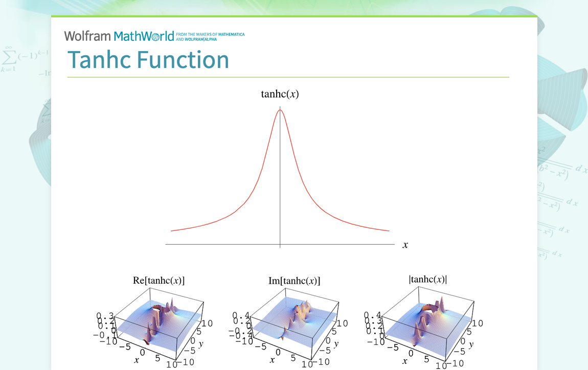 Tanhc Function -- from Wolfram MathWorld