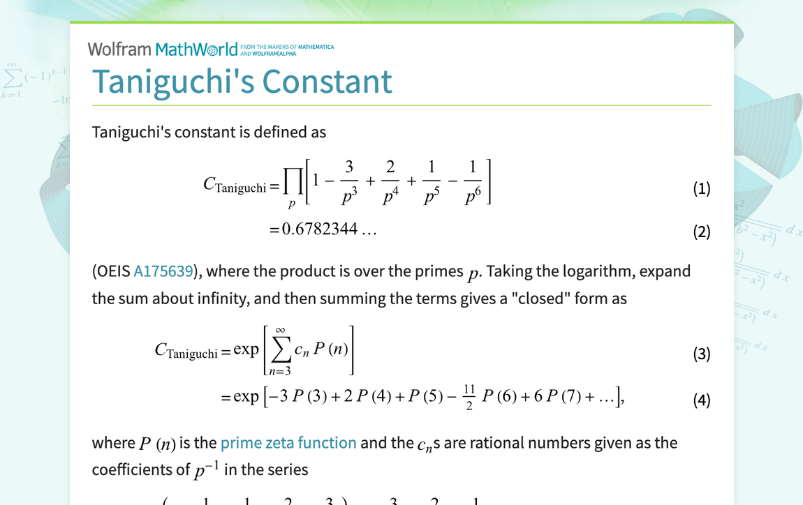 Taniguchi's Constant -- from Wolfram MathWorld