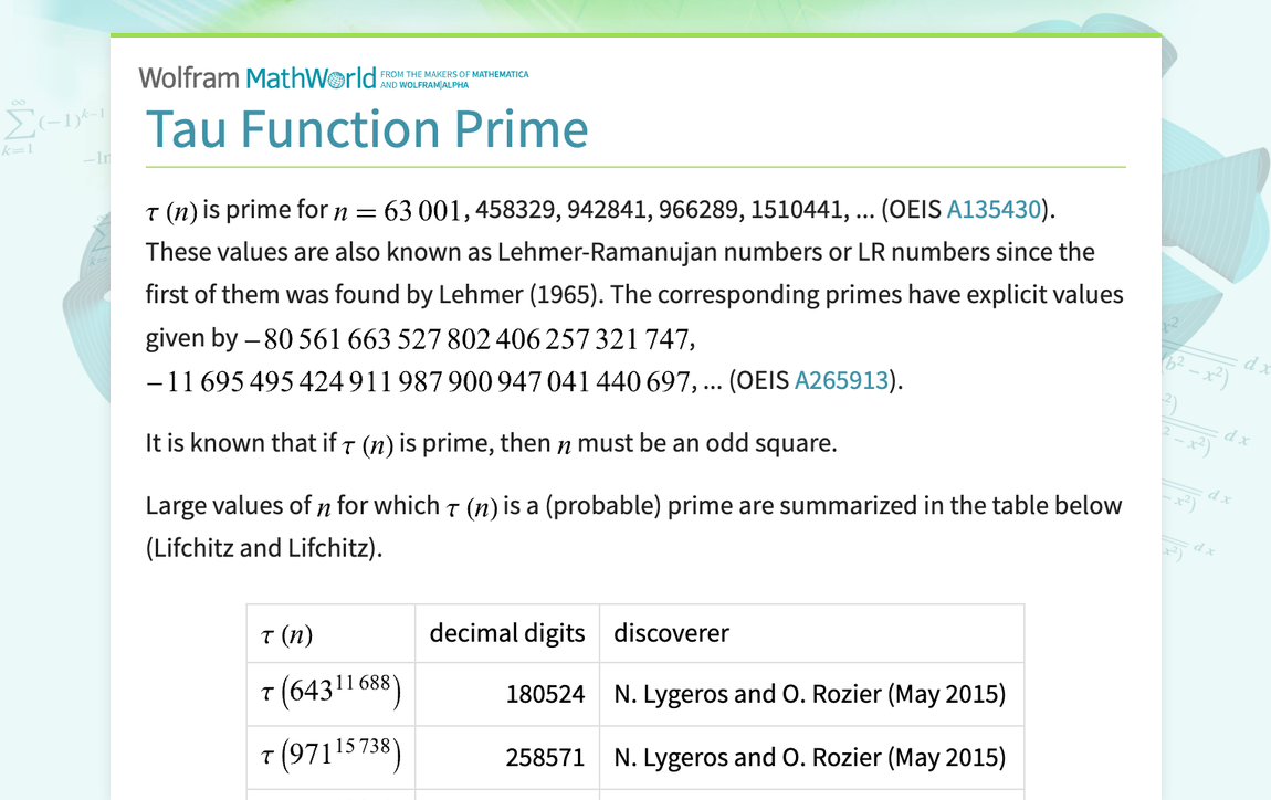Tau Function Prime -- from Wolfram MathWorld