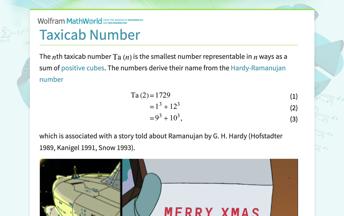 Taxicab Number -- from Wolfram MathWorld