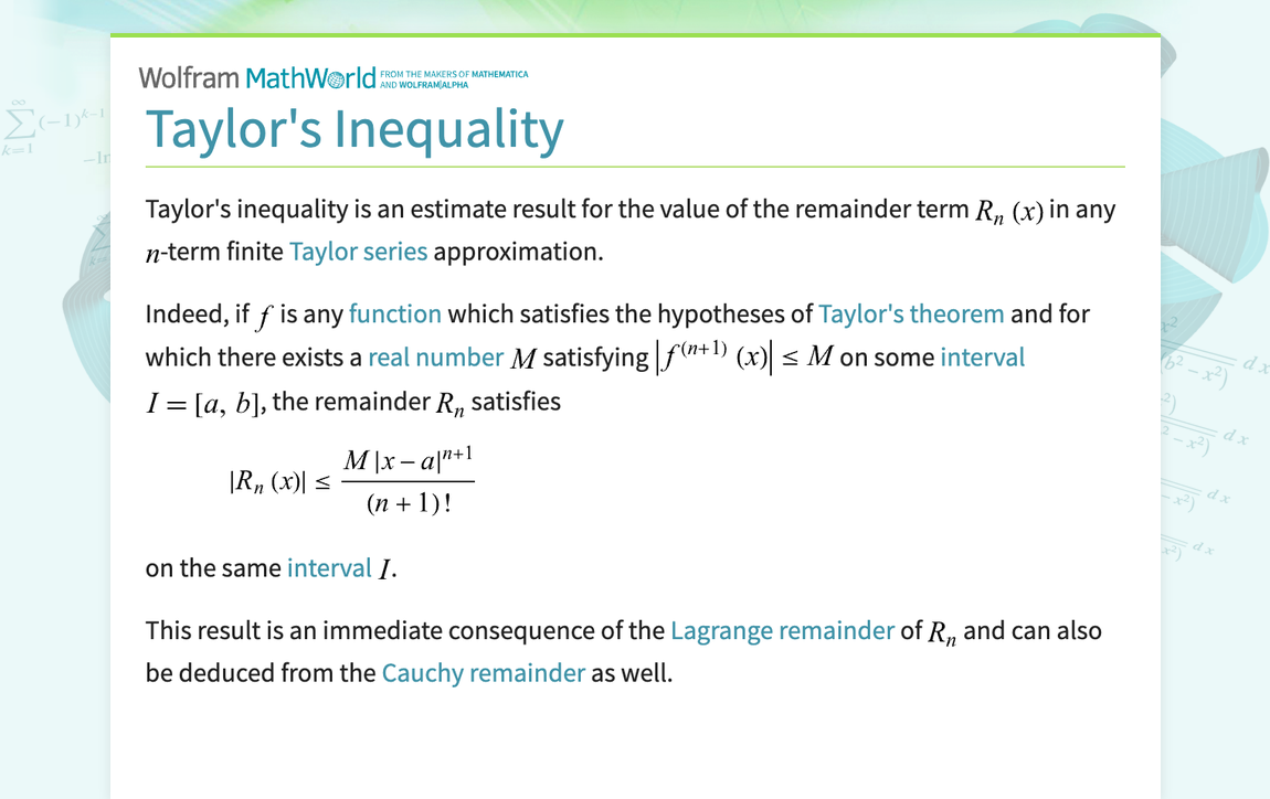 Taylor's Inequality -- from Wolfram MathWorld