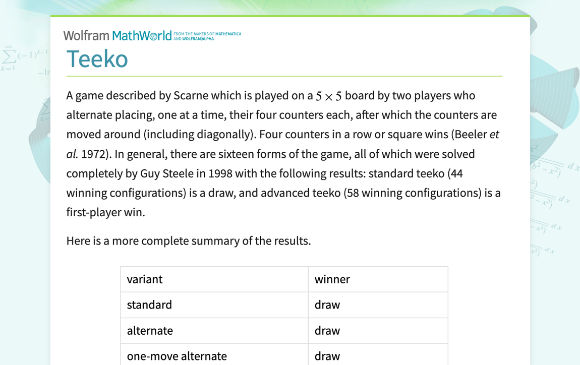 Teeko -- from Wolfram MathWorld