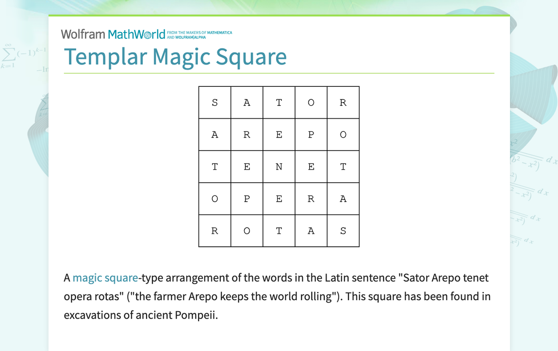 Templar Magic Square -- from Wolfram MathWorld