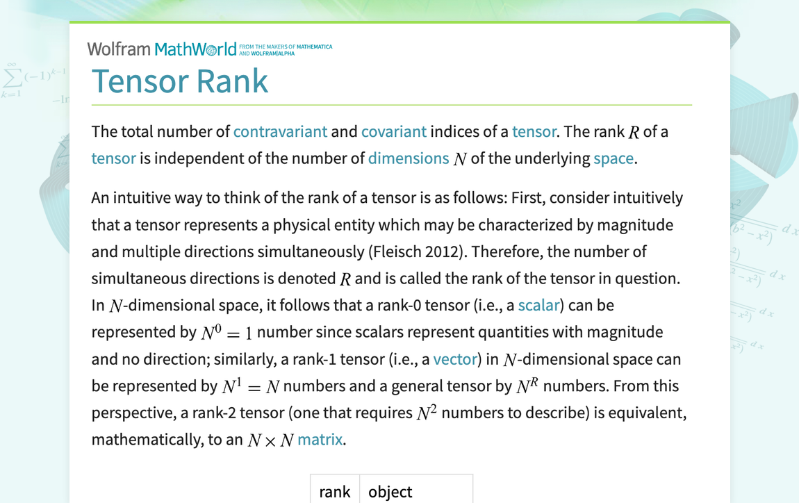 Tensor Rank -- from Wolfram MathWorld Tensor Rank -- from Wolfram MathWorld