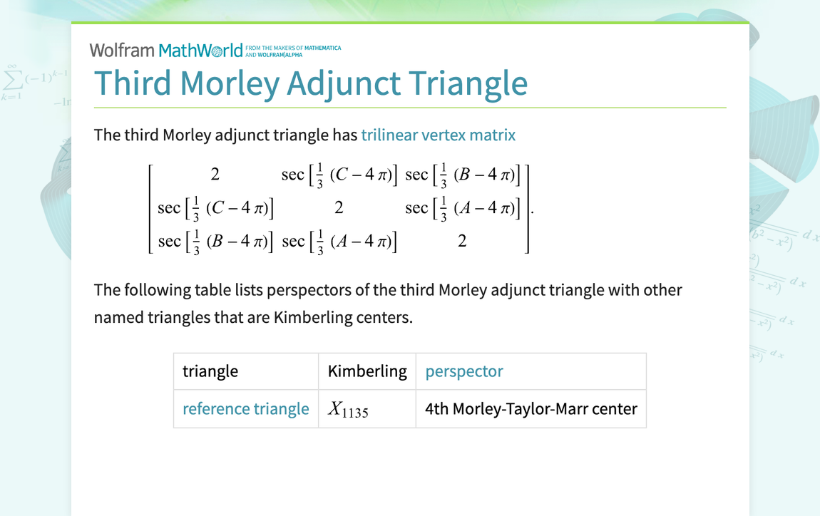 Third Morley Adjunct Triangle -- from Wolfram MathWorld