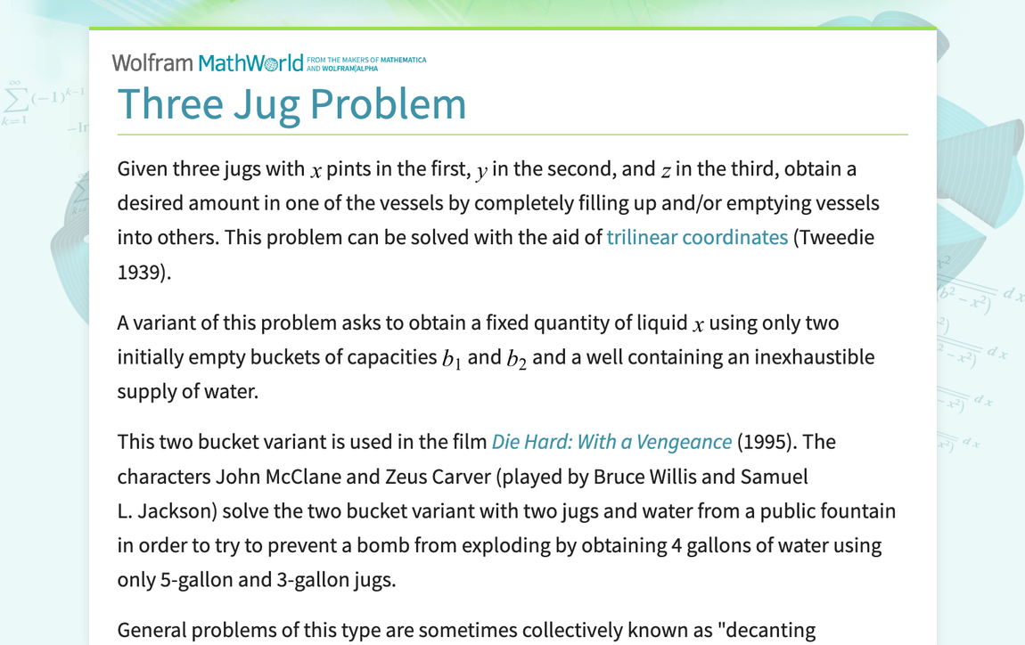 Three Jug Problem -- from Wolfram MathWorld