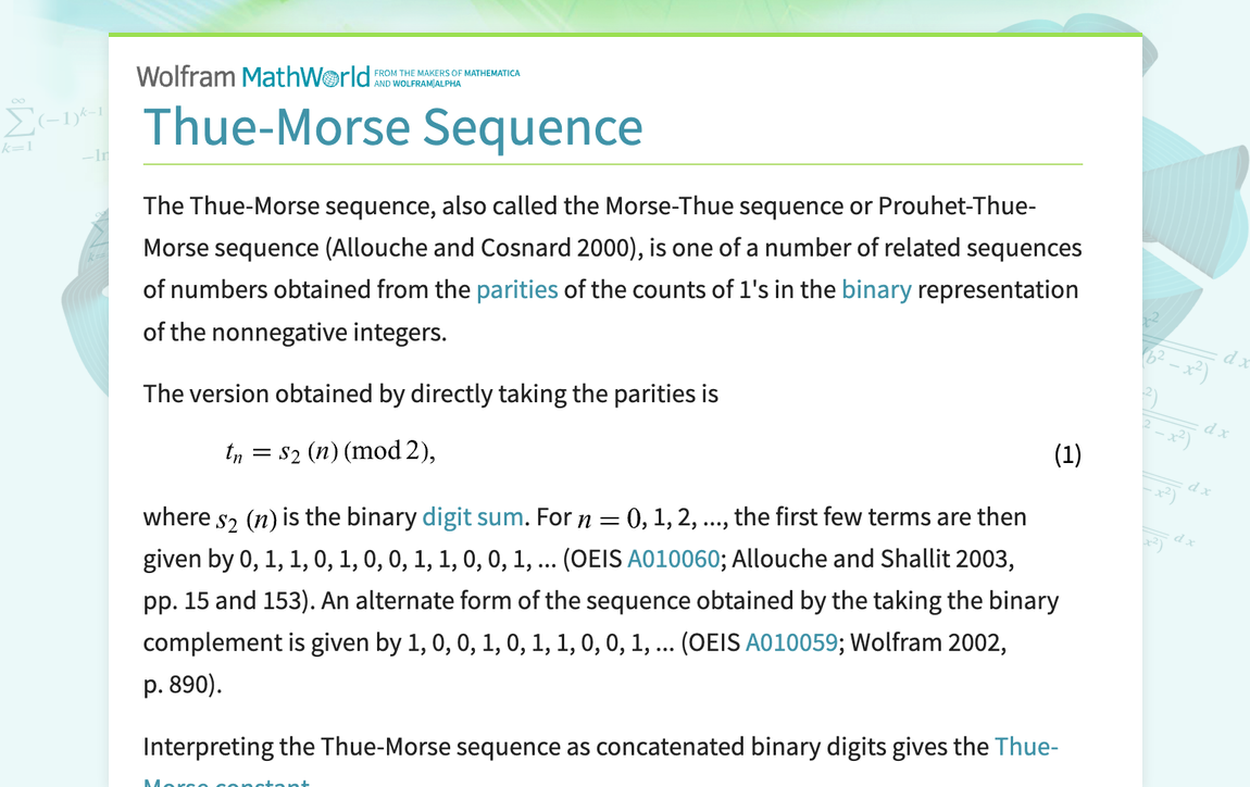 Thue-Morse Sequence -- from Wolfram MathWorld