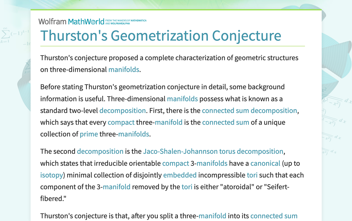 Thurston's Geometrization Conjecture -- from Wolfram MathWorld