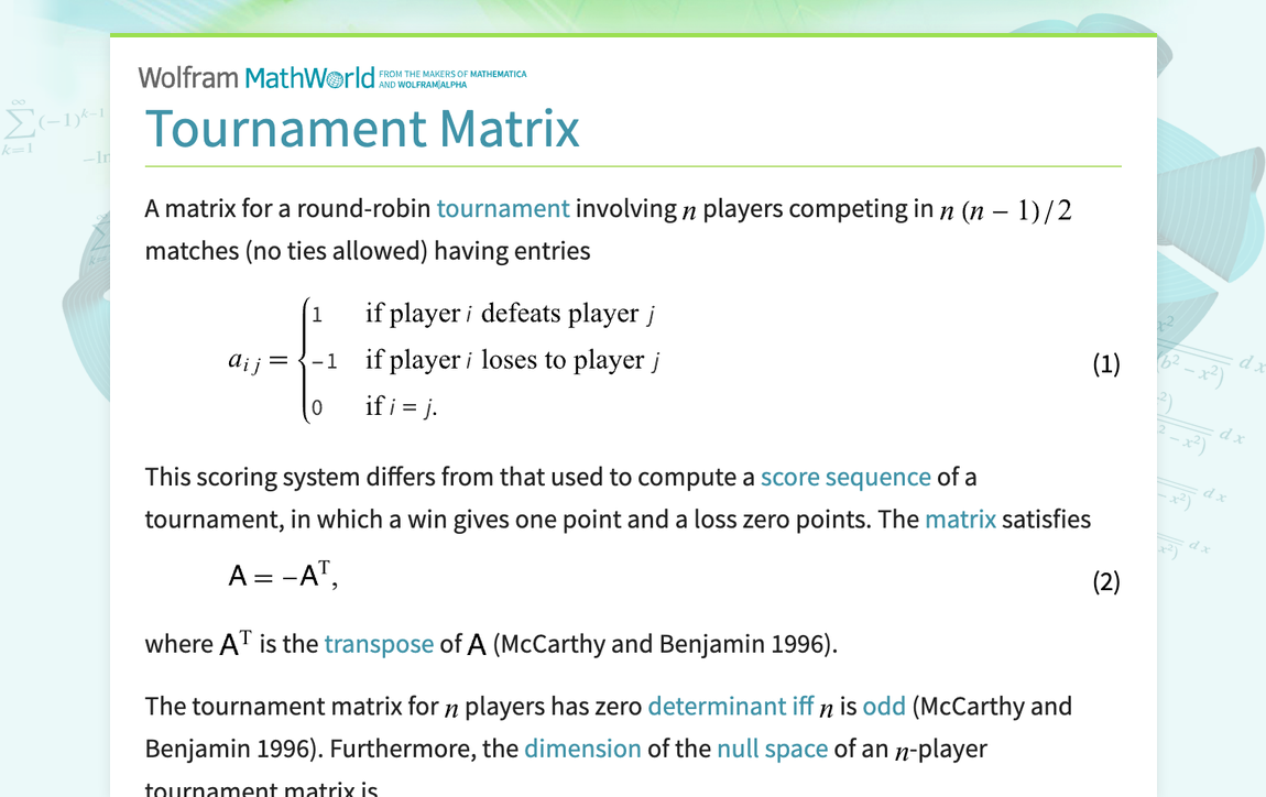 Tournament Matrix -- from Wolfram MathWorld