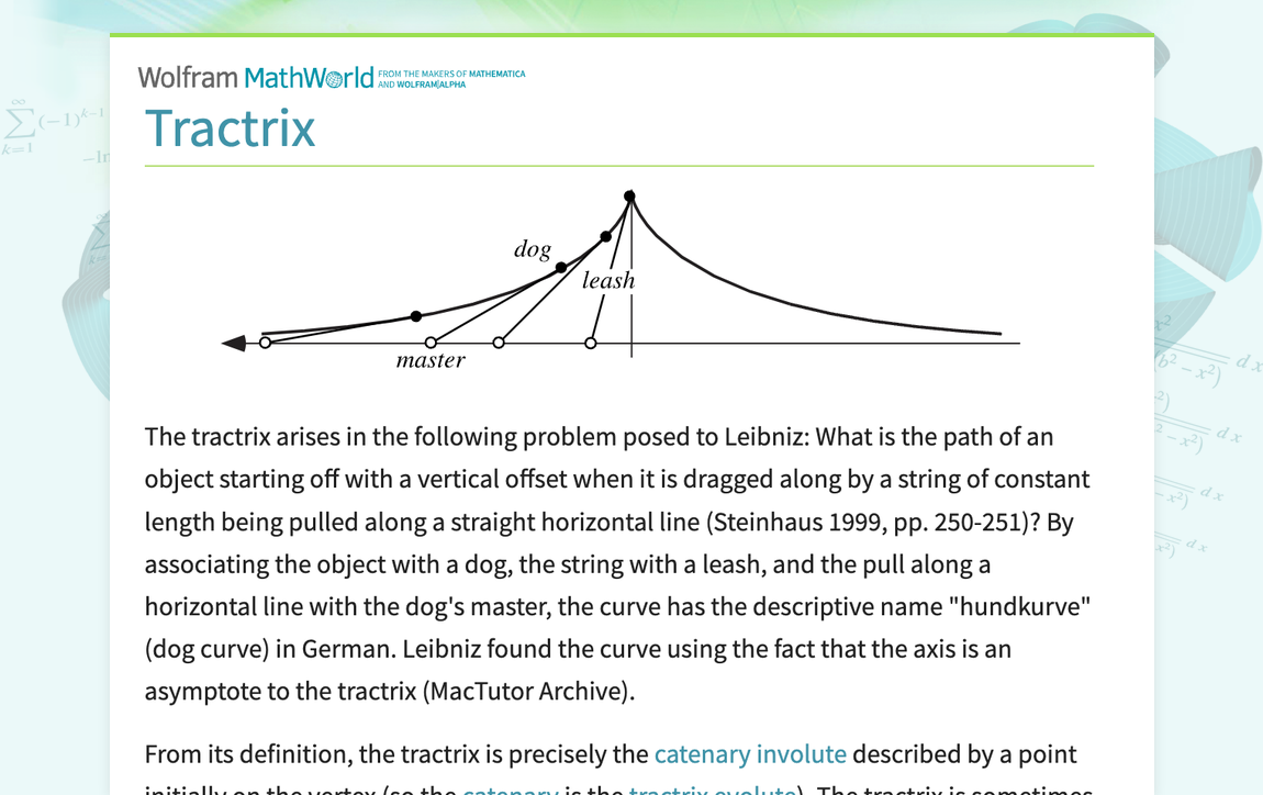 Tractrix -- from Wolfram MathWorld