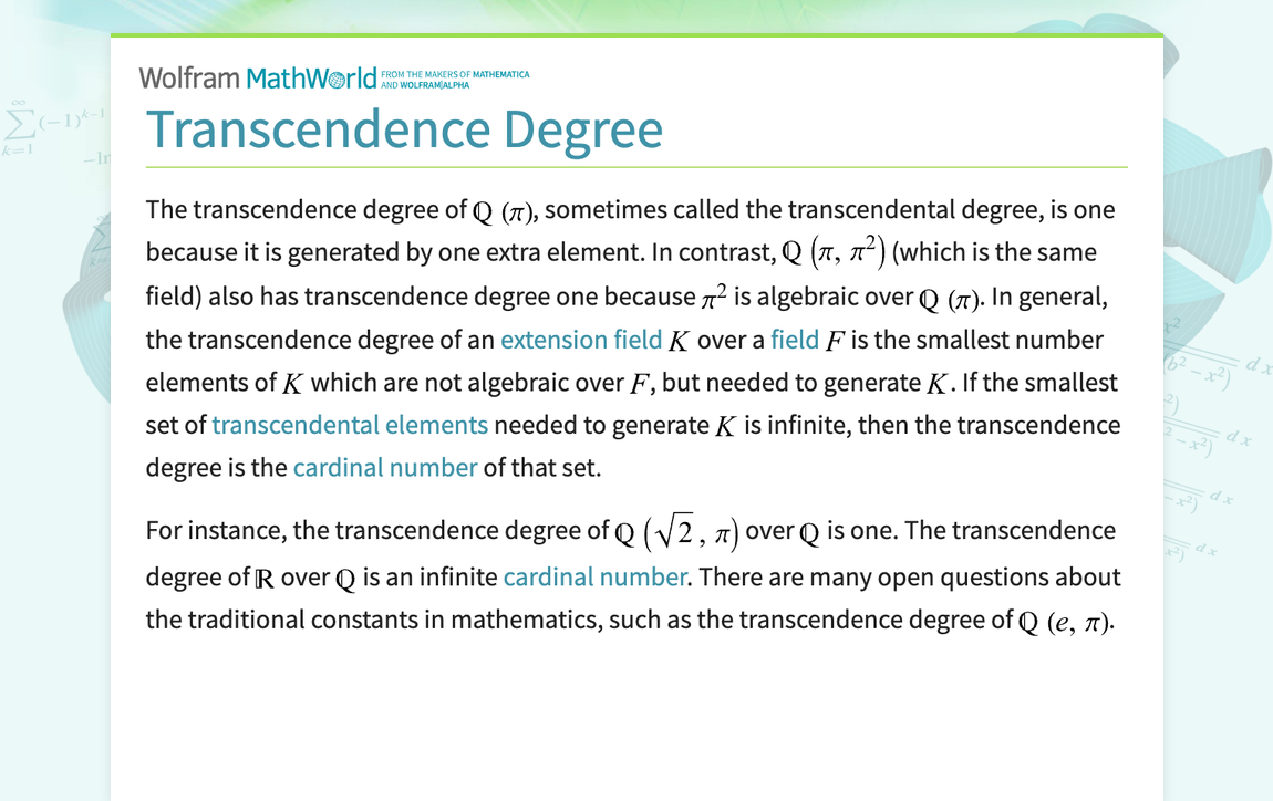 Transcendence Degree -- from Wolfram MathWorld