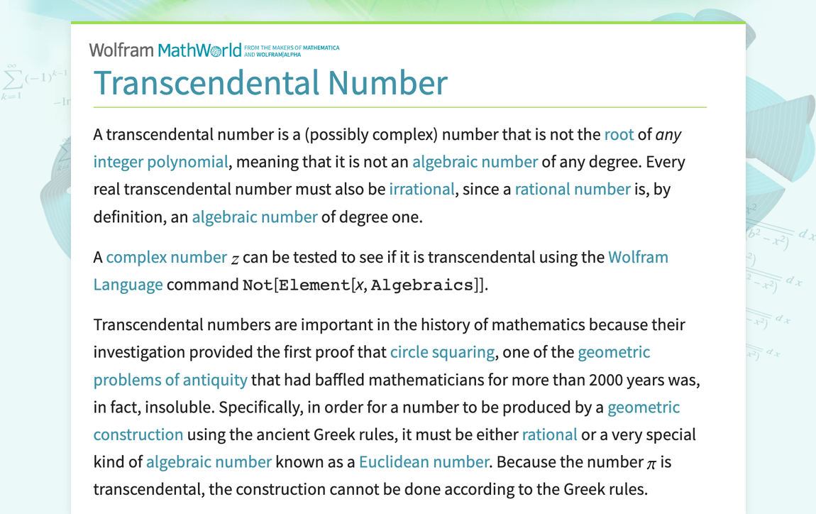 Transcendental Number -- from Wolfram MathWorld