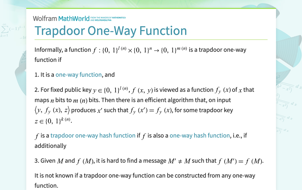 Trapdoor One-Way Function -- from Wolfram MathWorld