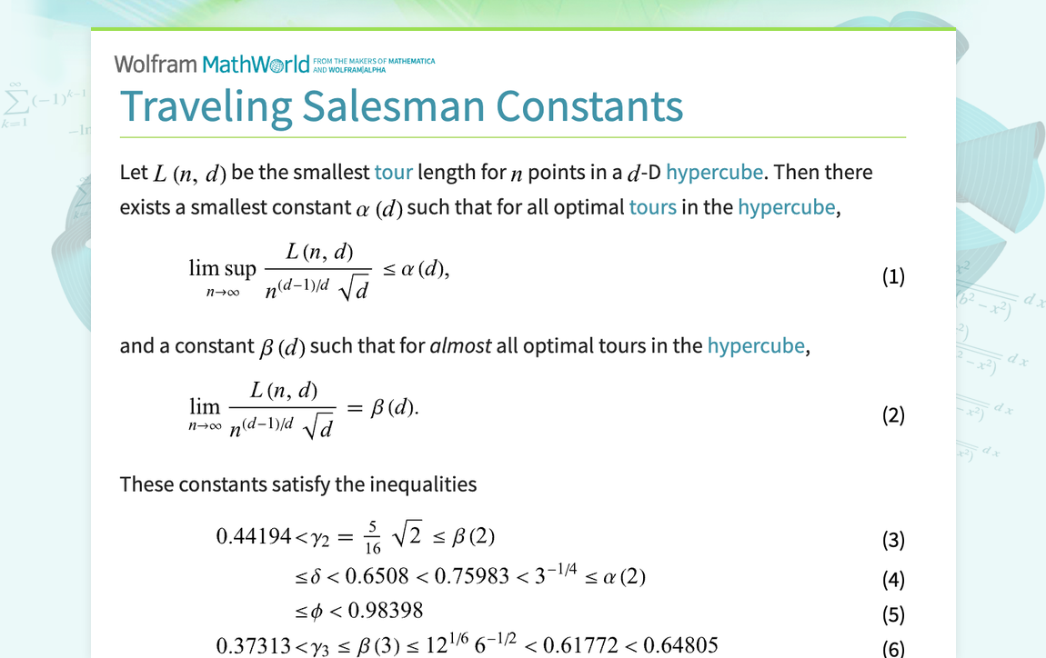 Traveling Salesman Constants -- from Wolfram MathWorld