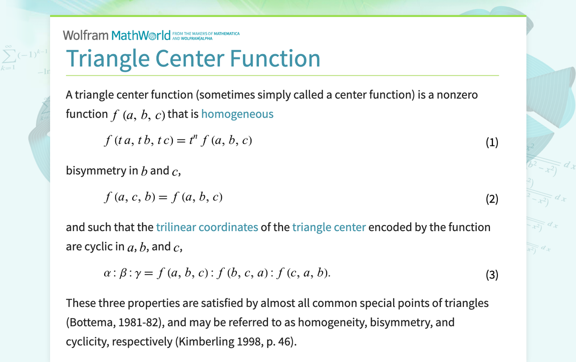 Triangle Center Function -- from Wolfram MathWorld