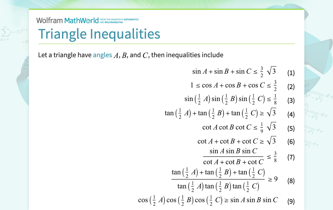 Triangle Inequalities -- from Wolfram MathWorld