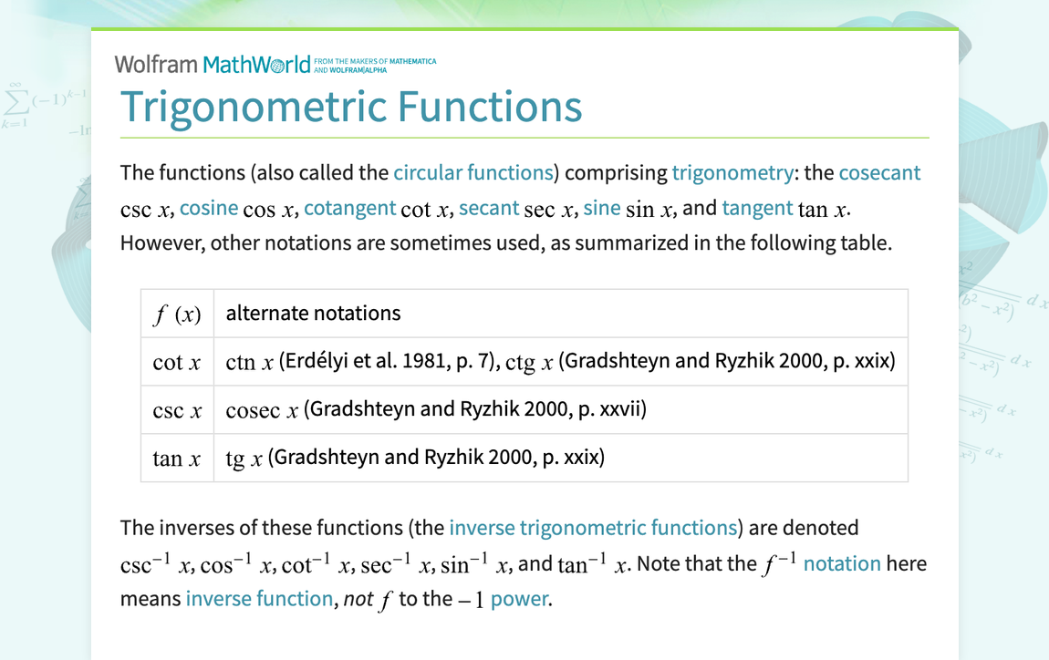 Trigonometric Functions From Wolfram Mathworld