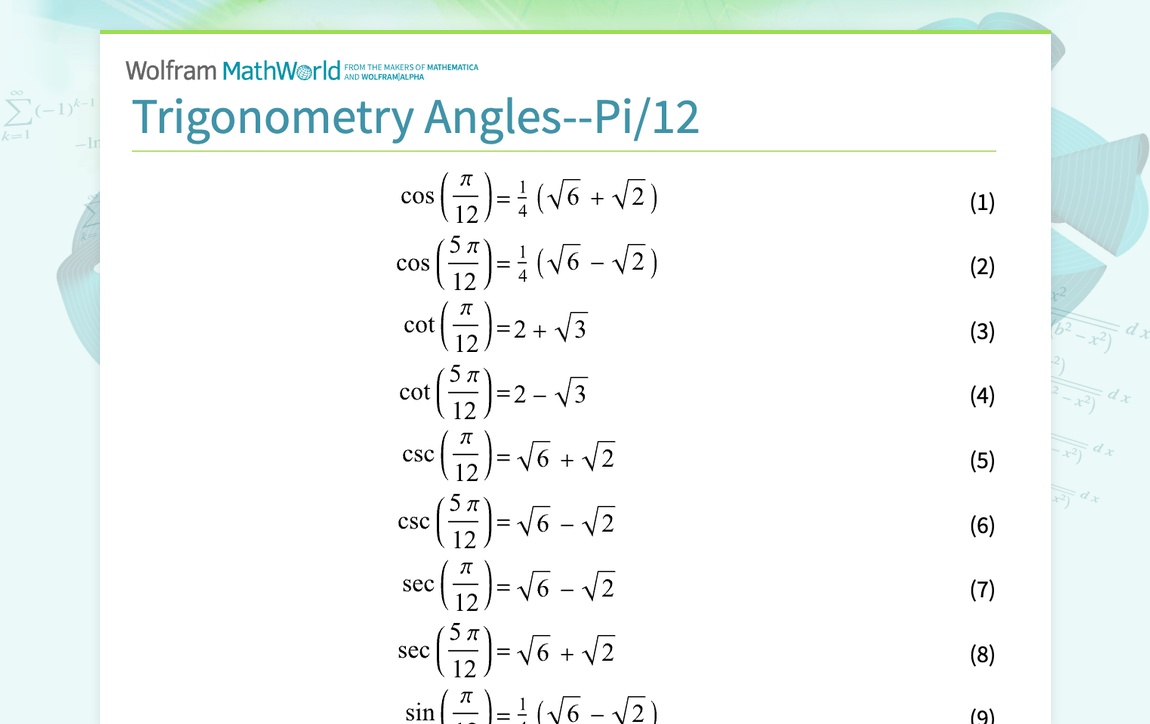 Trigonometry Angles--Pi/12 -- from Wolfram MathWorld
