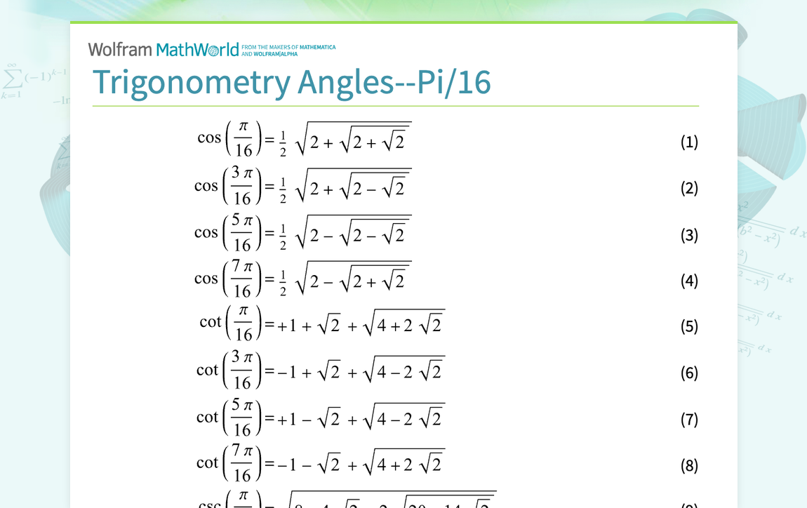 Trigonometry Angles--Pi/16 -- from Wolfram MathWorld