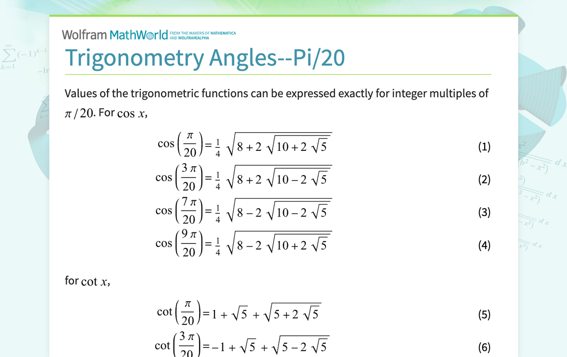 Trigonometry Angles--Pi/20 -- from Wolfram MathWorld