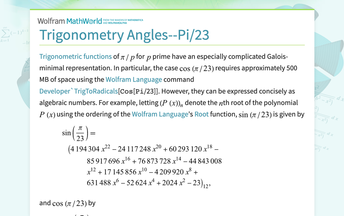 Trigonometry Angles--Pi/23 -- from Wolfram MathWorld