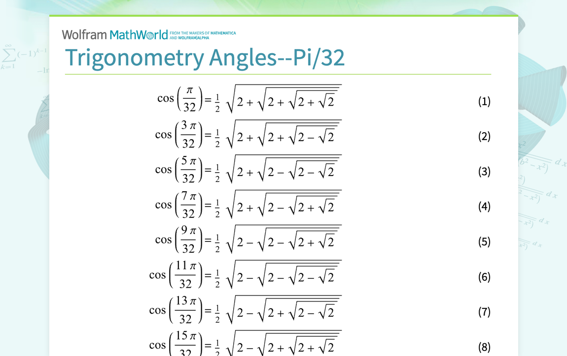 Trigonometry Angles--Pi/32 -- from Wolfram MathWorld