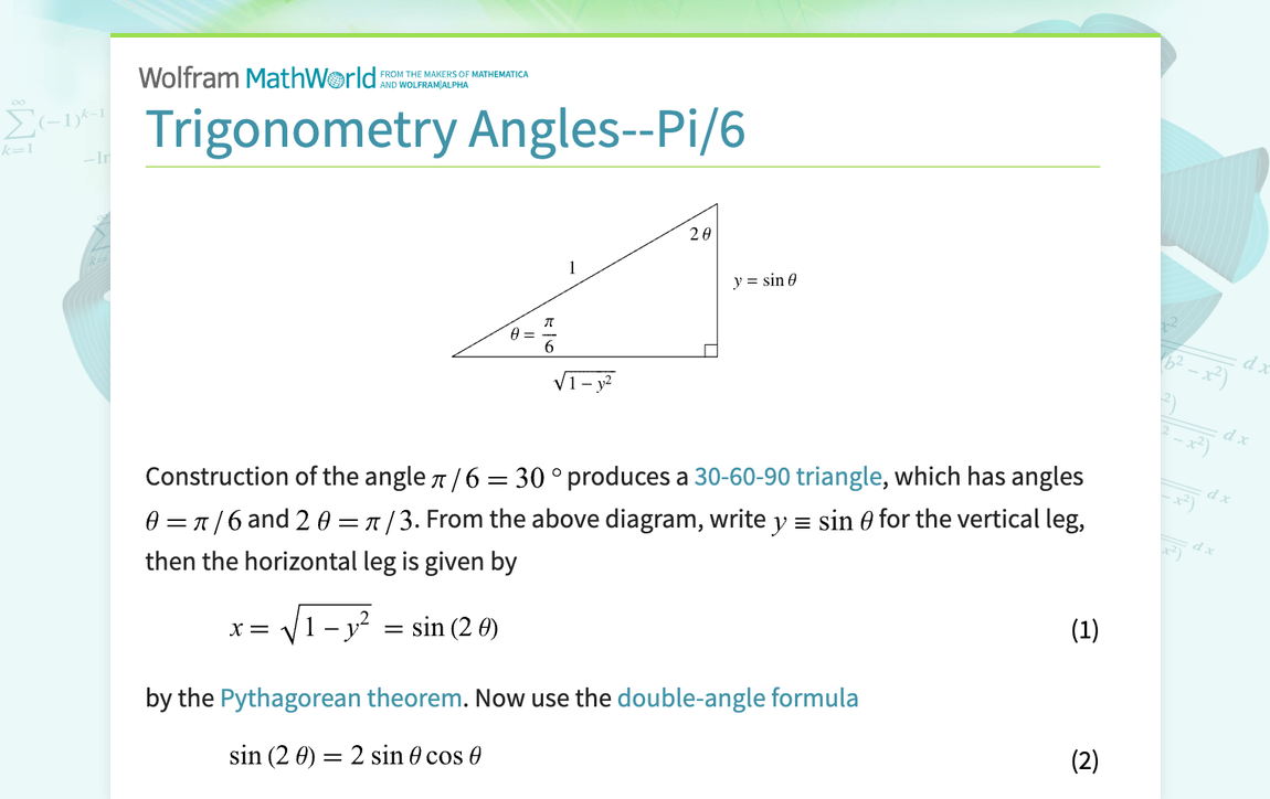 Trigonometry Angles--Pi/6 -- from Wolfram MathWorld
