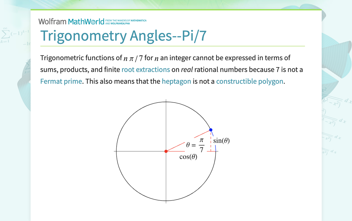 Trigonometry Angles--Pi/7 -- from Wolfram MathWorld