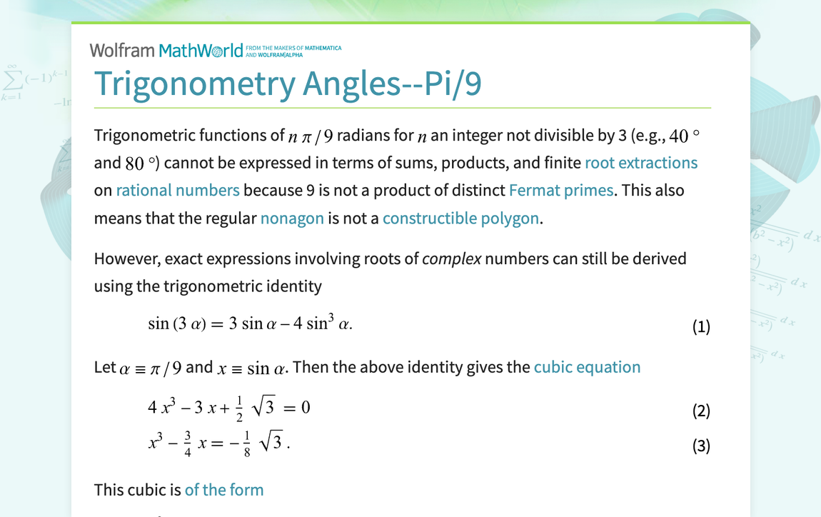 Trigonometry Angles--Pi/9 -- from Wolfram MathWorld