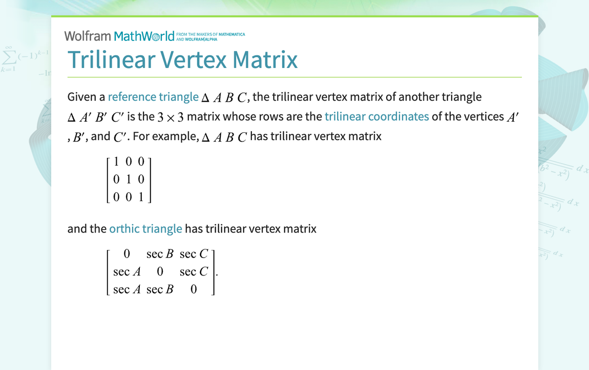 Trilinear Vertex Matrix -- from Wolfram MathWorld