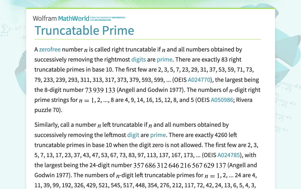 Truncatable Prime -- from Wolfram MathWorld