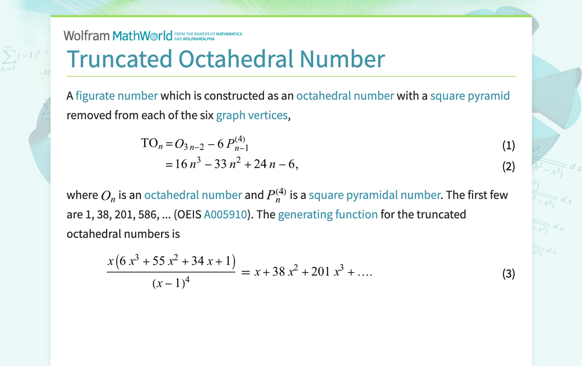 Truncated Octahedral Number -- from Wolfram MathWorld