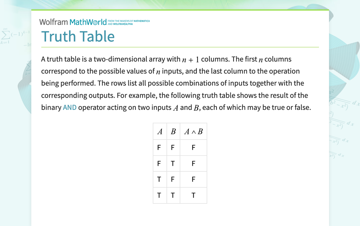 Truth Table -- from Wolfram MathWorld