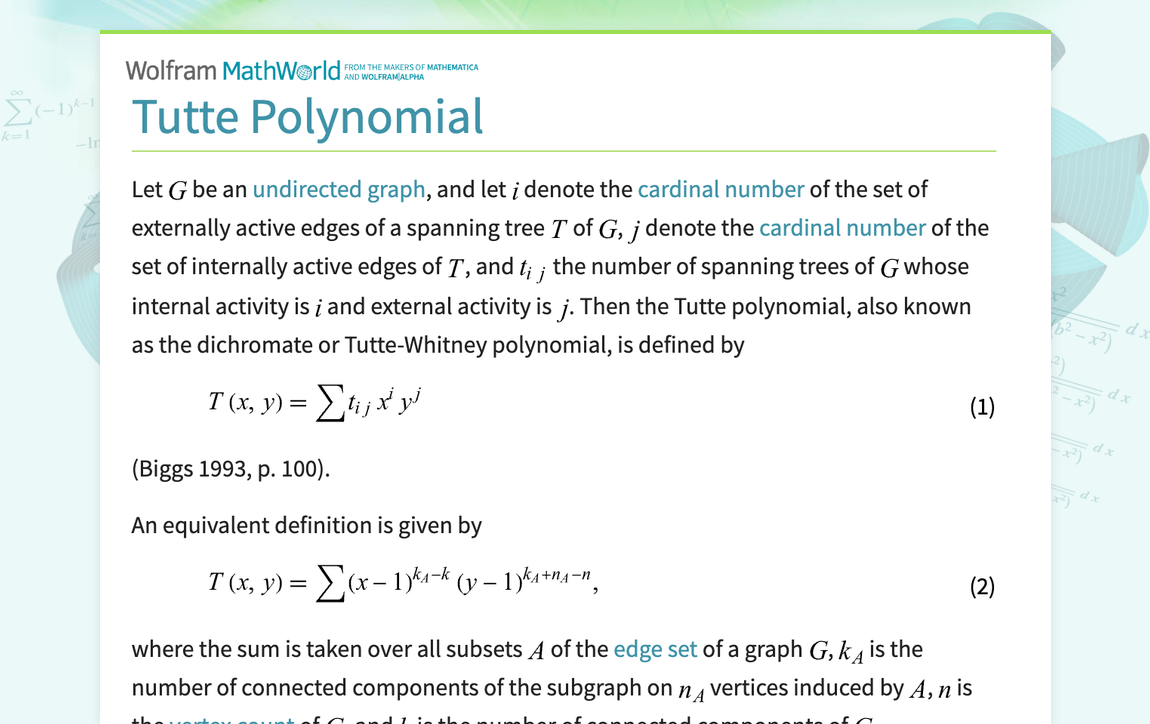 Tutte Polynomial -- from Wolfram MathWorld