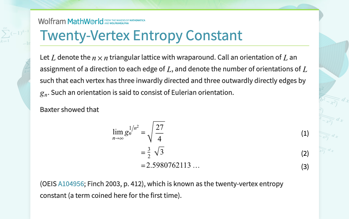 Twenty-Vertex Entropy Constant -- from Wolfram MathWorld