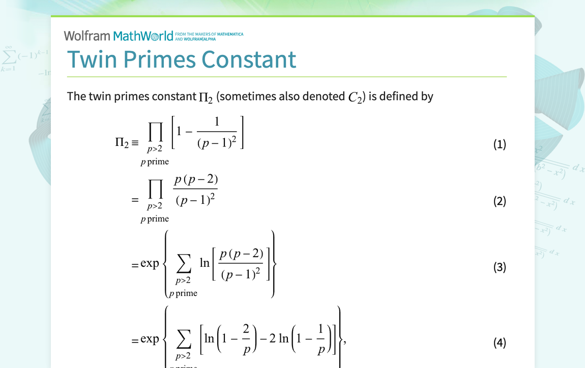 Twin Primes Constant -- from Wolfram MathWorld