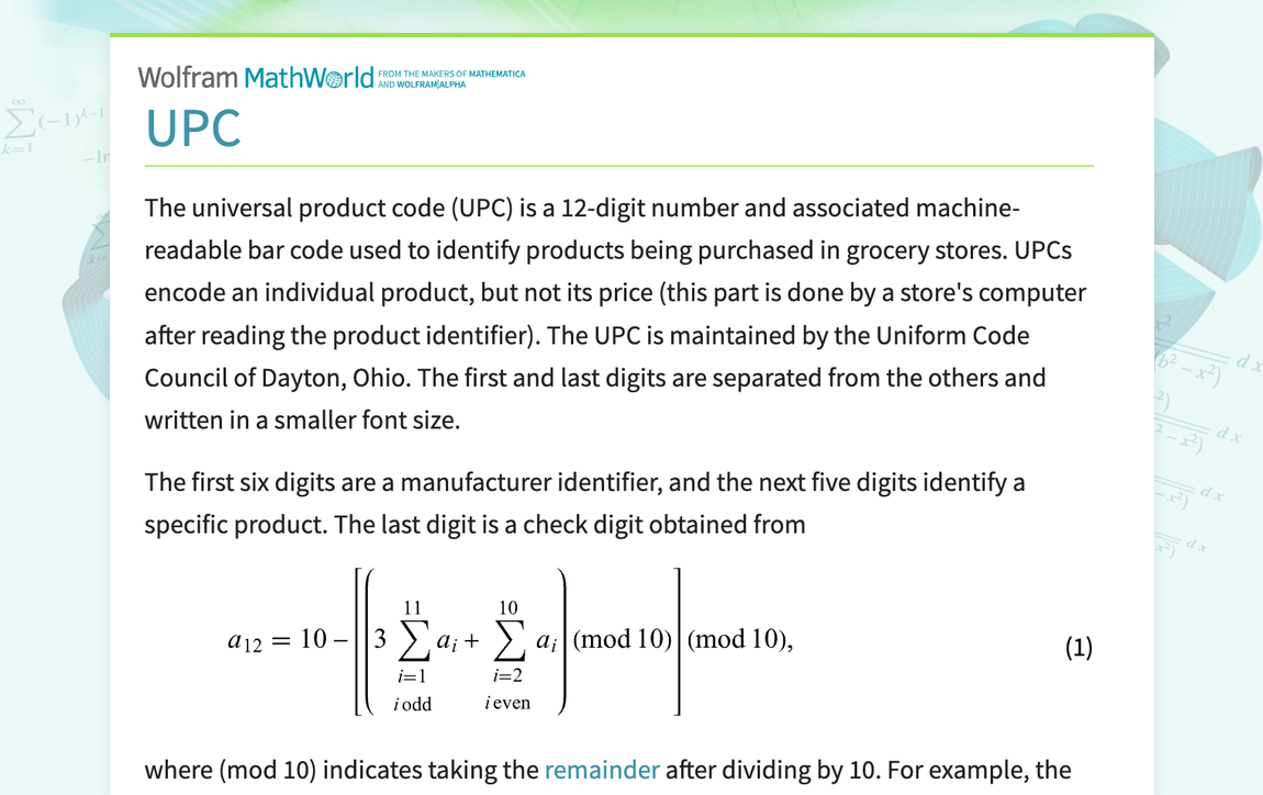 UPC -- from Wolfram MathWorld