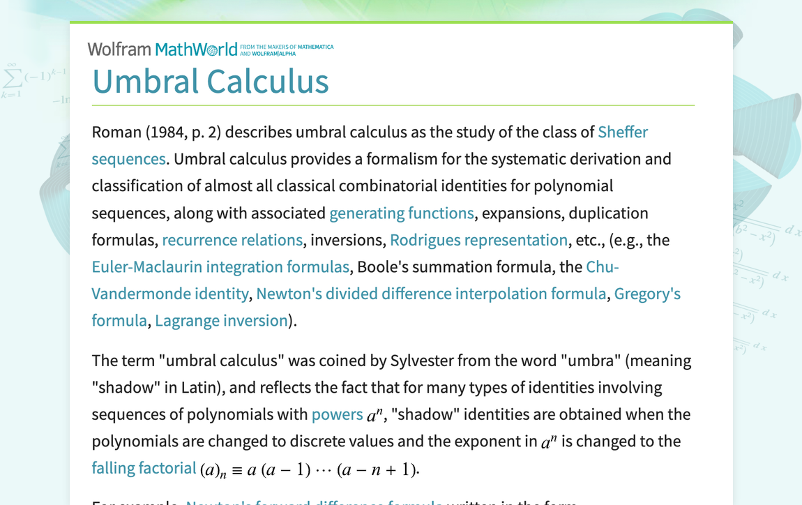 Umbral Calculus -- from Wolfram MathWorld