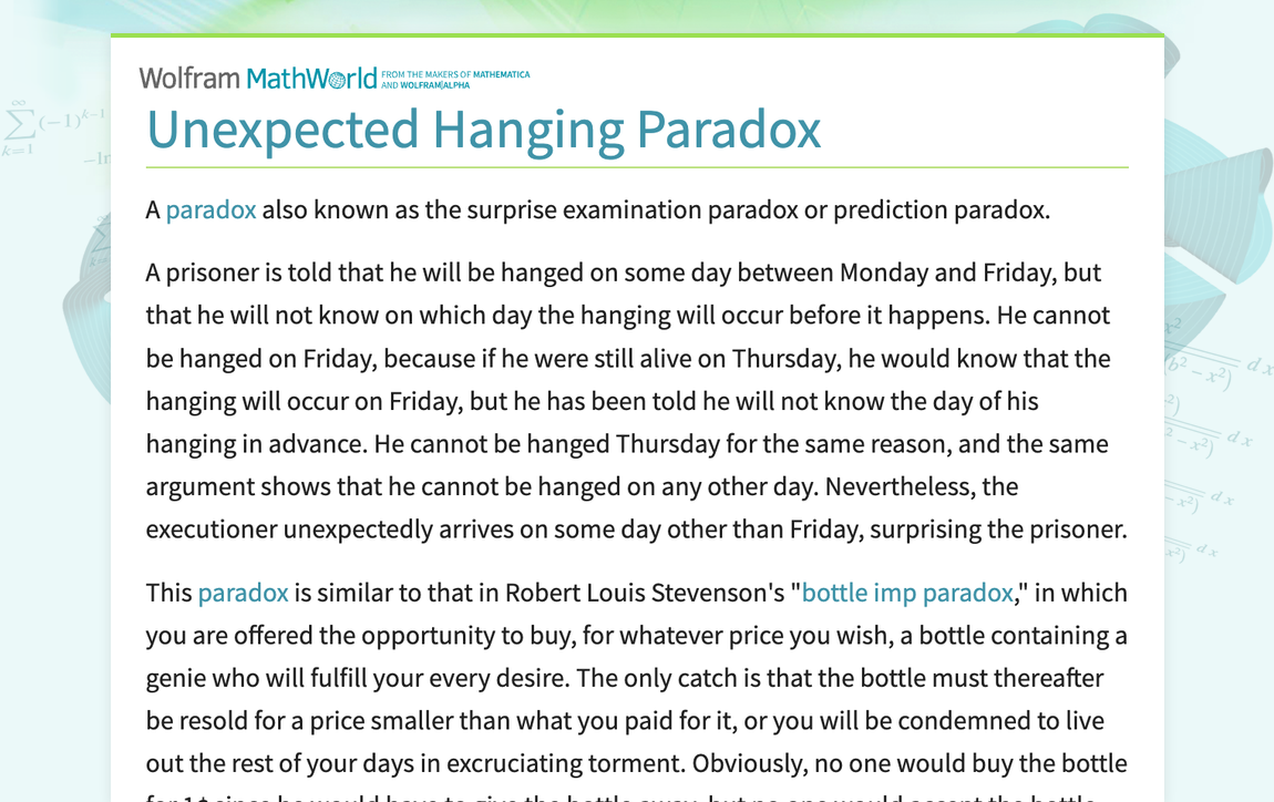 Unexpected Hanging Paradox -- from Wolfram MathWorld