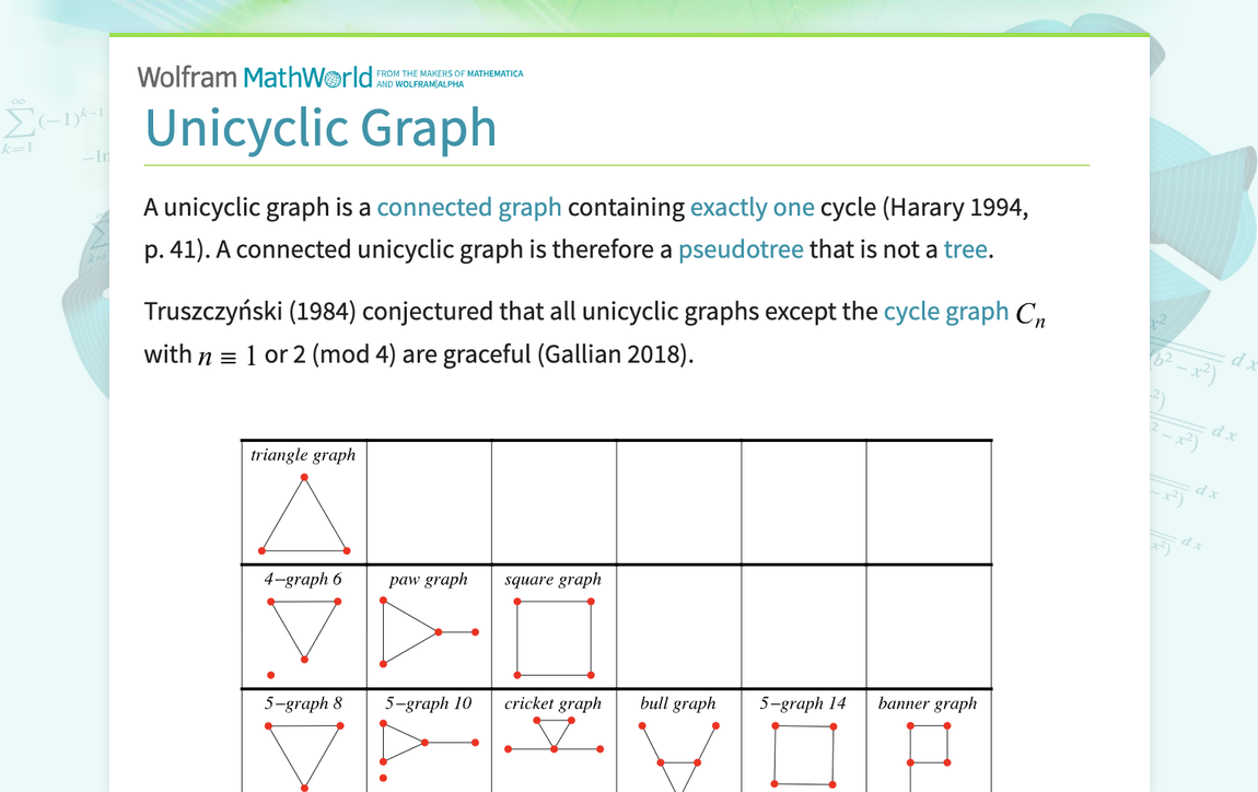 Unicyclic Graph -- from Wolfram MathWorld Unicyclic Graph -- from Wolfram MathWorld