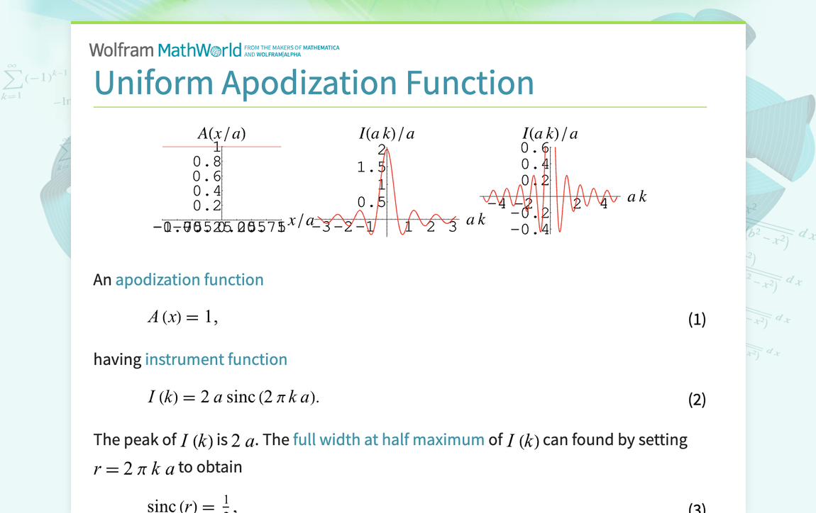 Uniform Apodization Function -- from Wolfram MathWorld