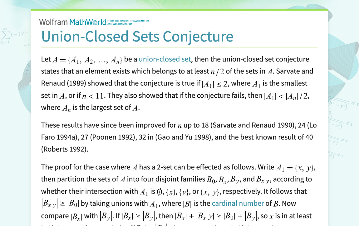 Union-Closed Sets Conjecture -- from Wolfram MathWorld