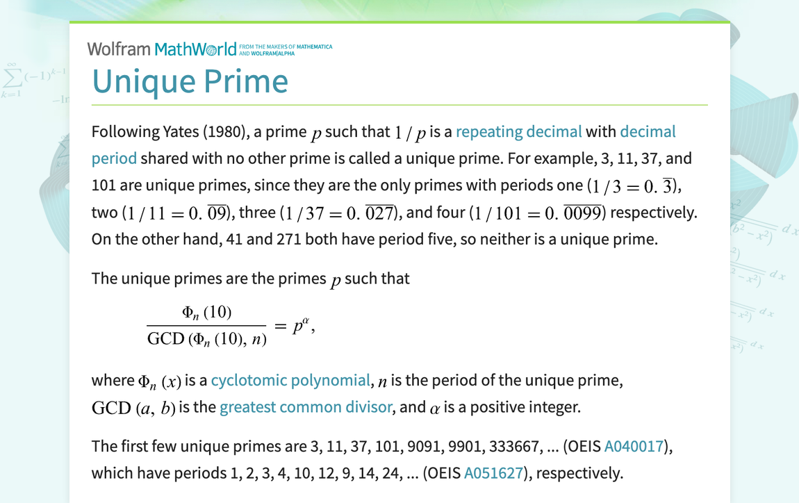 Unique Prime -- from Wolfram MathWorld