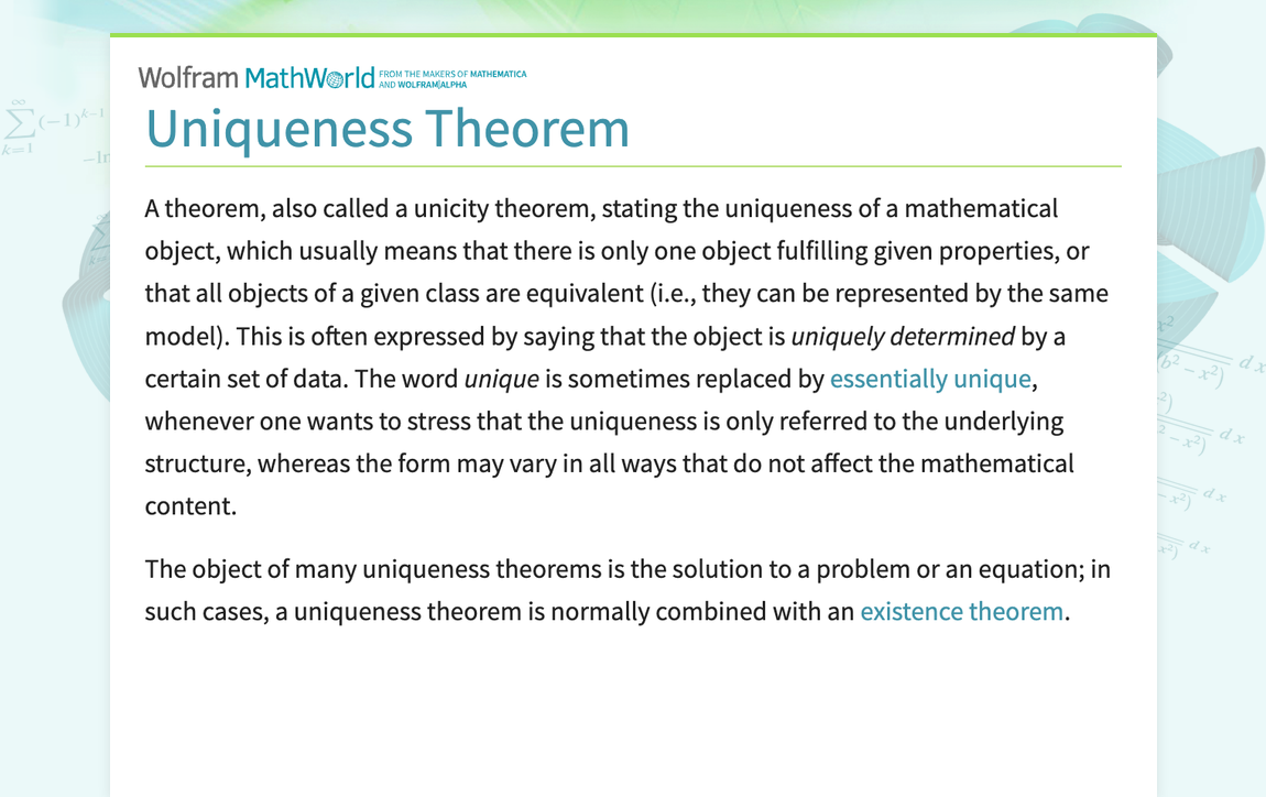 Uniqueness Theorem -- from Wolfram MathWorld