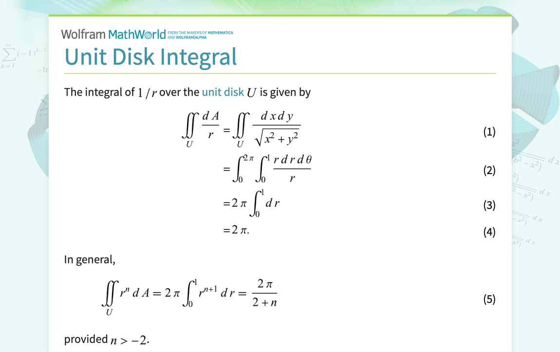 Unit Disk Integral -- from Wolfram MathWorld