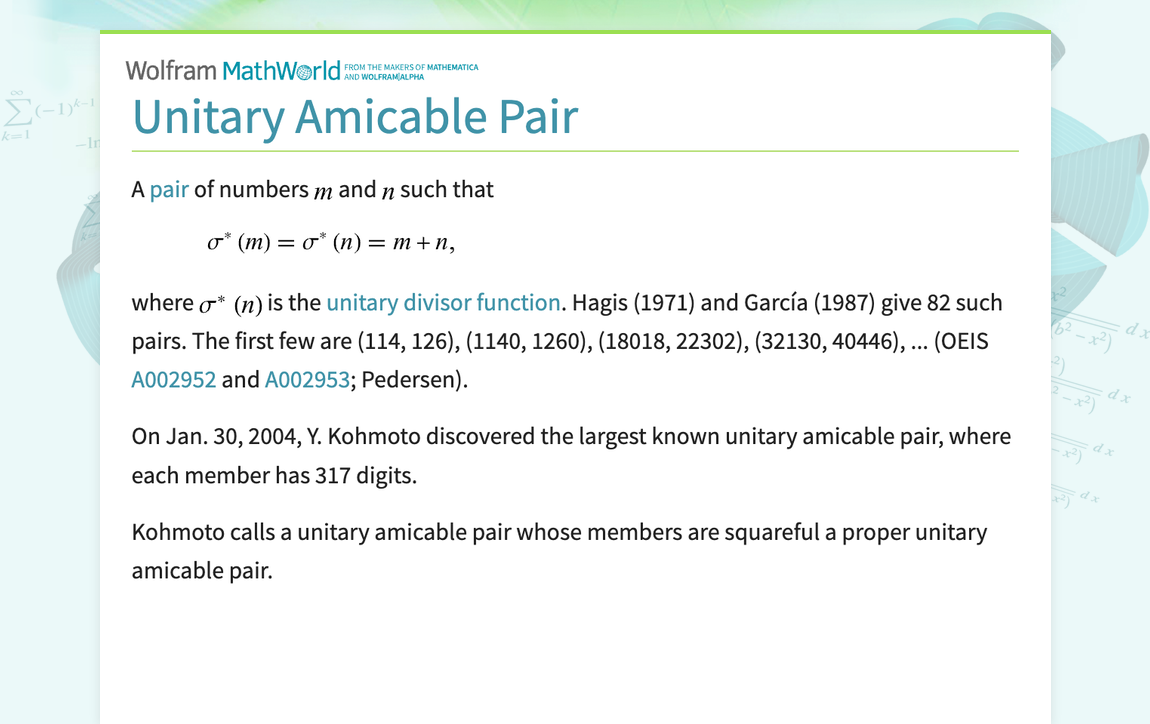 Unitary Amicable Pair -- from Wolfram MathWorld