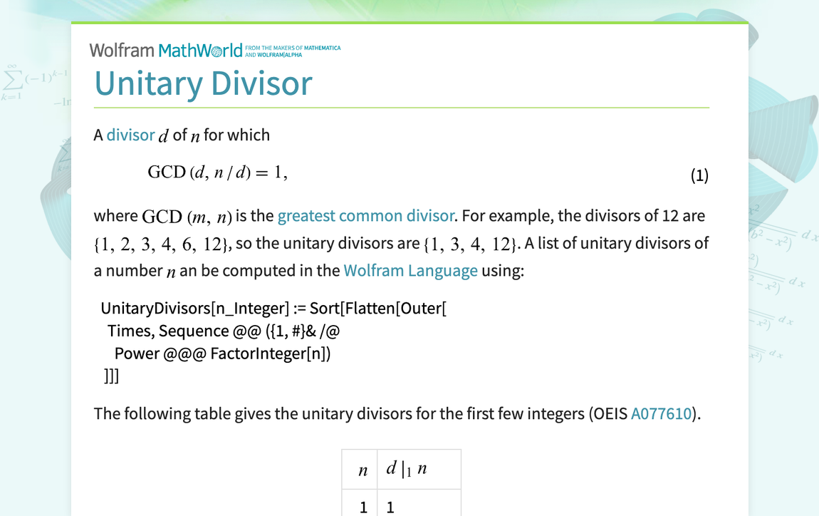 Unitary Divisor -- from Wolfram MathWorld
