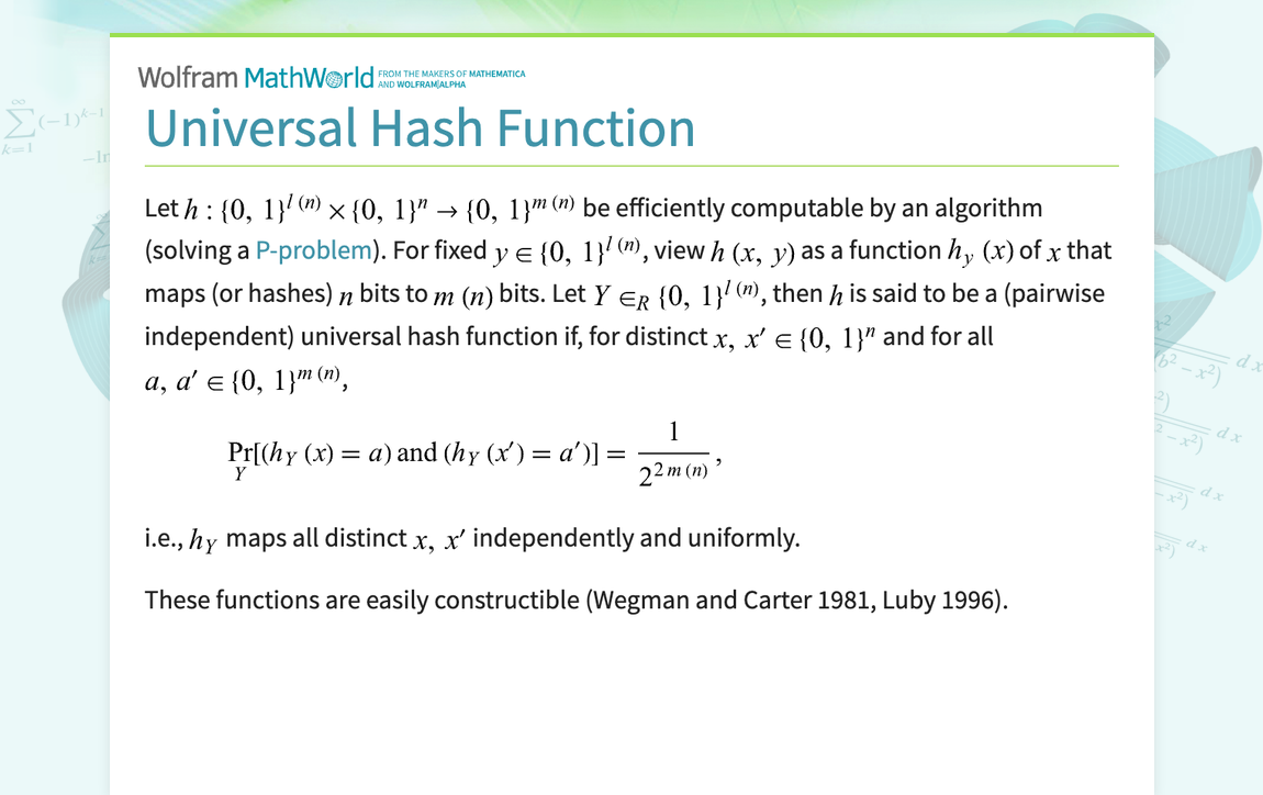 Universal Hash Function From Wolfram Mathworld