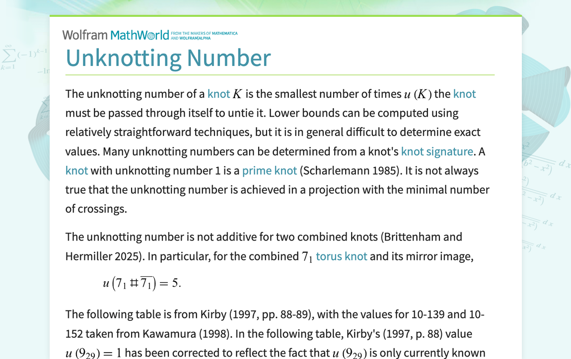 Unknotting Number -- from Wolfram MathWorld